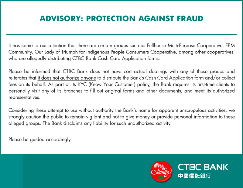 Advisories | CTBC Bank (Philippines) Corp.